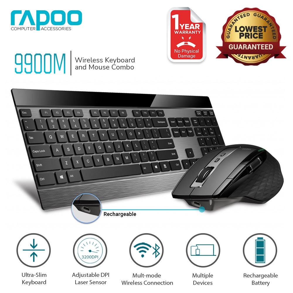 Rapoo 9900M Multi Device Wireless Keyboard and Mouse Set Bluetooth ...