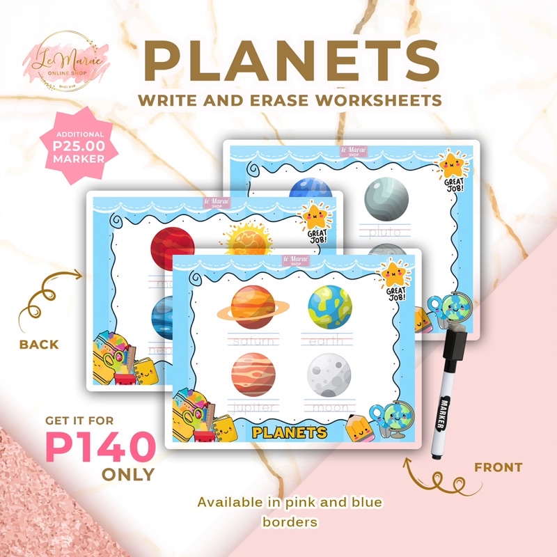 PLANETS SOLAR SYSTEM - Laminated Write and Erase Worksheets Writing ...
