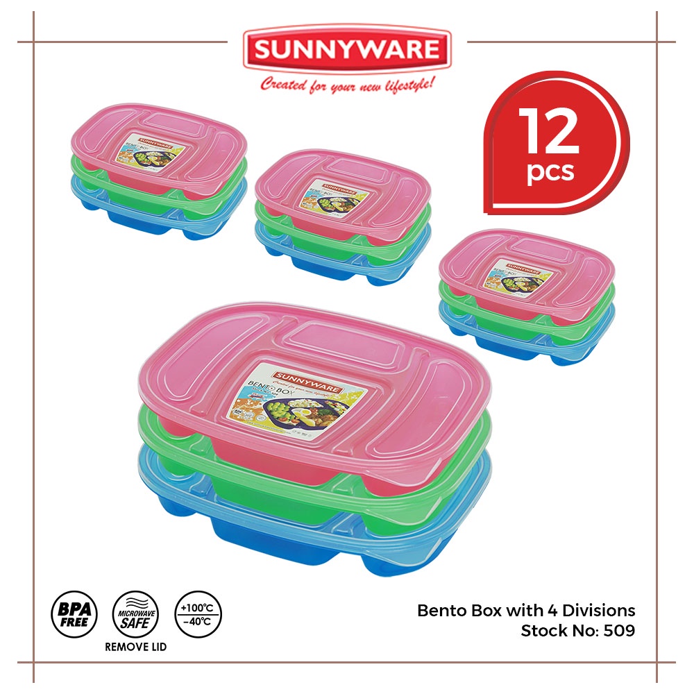 12pcs Bento Box with 4 Divisions [Sunnyware 509] | Plasticware | Lunch ...