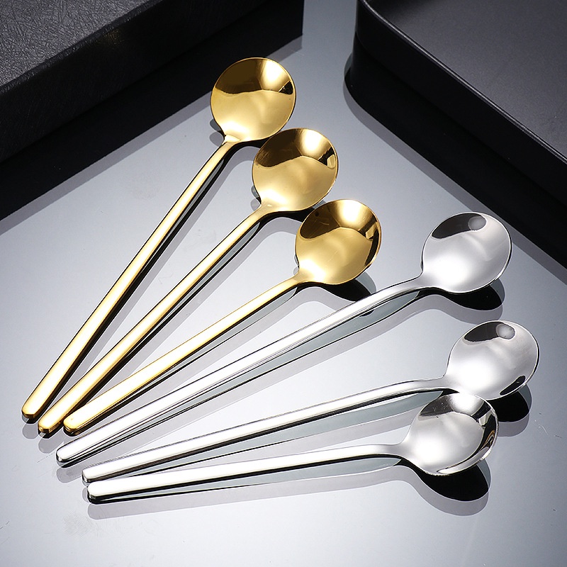 Stainless Steel Round Head Teaspoon Long Handle Spoon Stirring Spoon ...