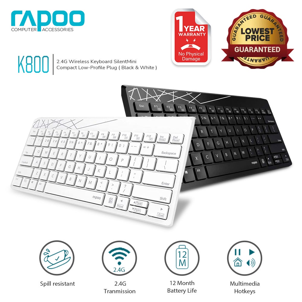 Rapoo K800/8000M 2.4G Wireless Keyboard Silent Mini Compact Low-Profile ...
