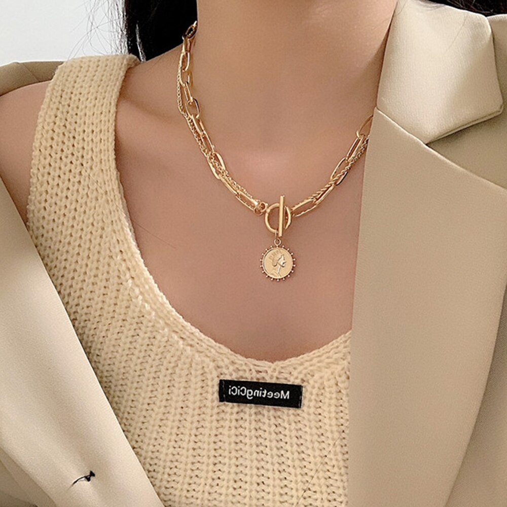 Korea Ins Retro Engraving Coin Coin Thick Chain Metal Necklace Coin ...