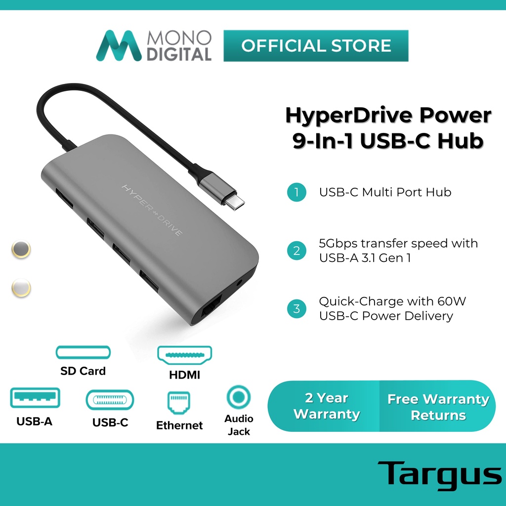 Targus HyperDrive Power 9-in-1 USB-C Hub Adapter 4K HDMI, USB 3.1, 3 ...