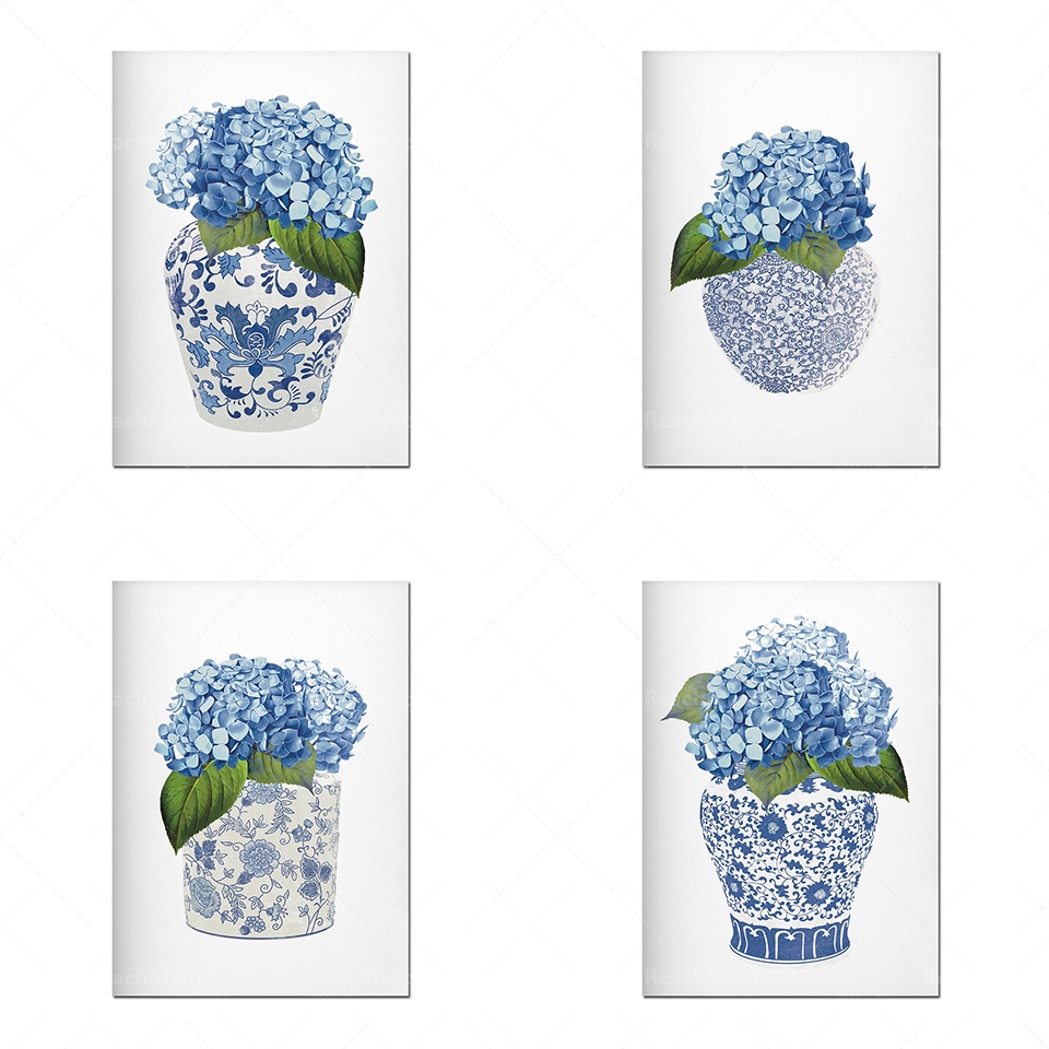 Vintage Floral Coastal Decor Set Preppy Floral Wall Art Pictures Blue ...