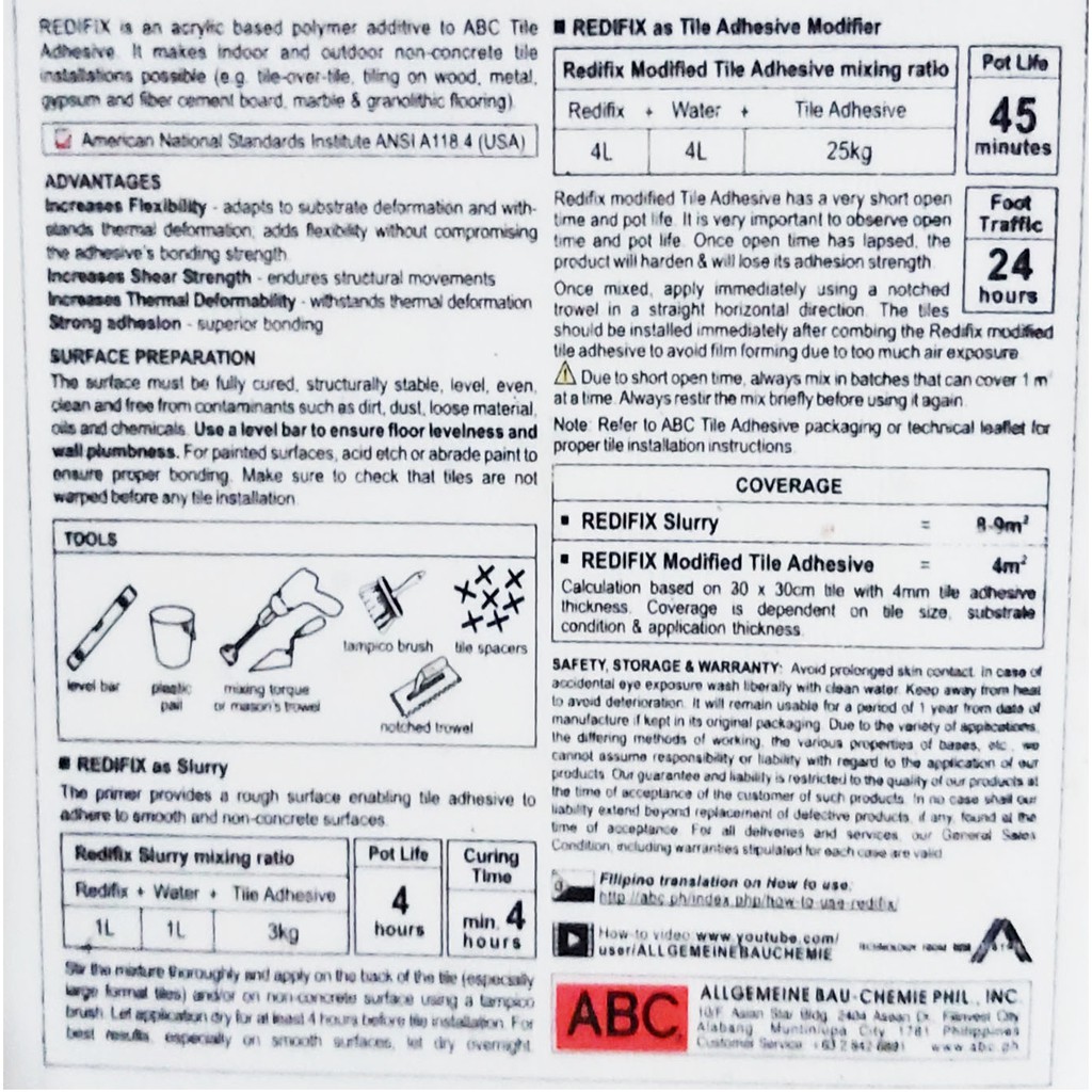 ABC Redifix Tile Adhesive Modifier Gallon 4L for Heavy Duty tile ...