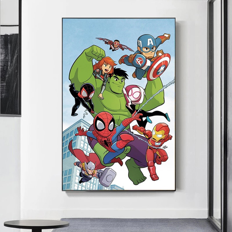 Cartoon Marvel Superhero Adventures Canvas Painting Avengers Hulk Black ...