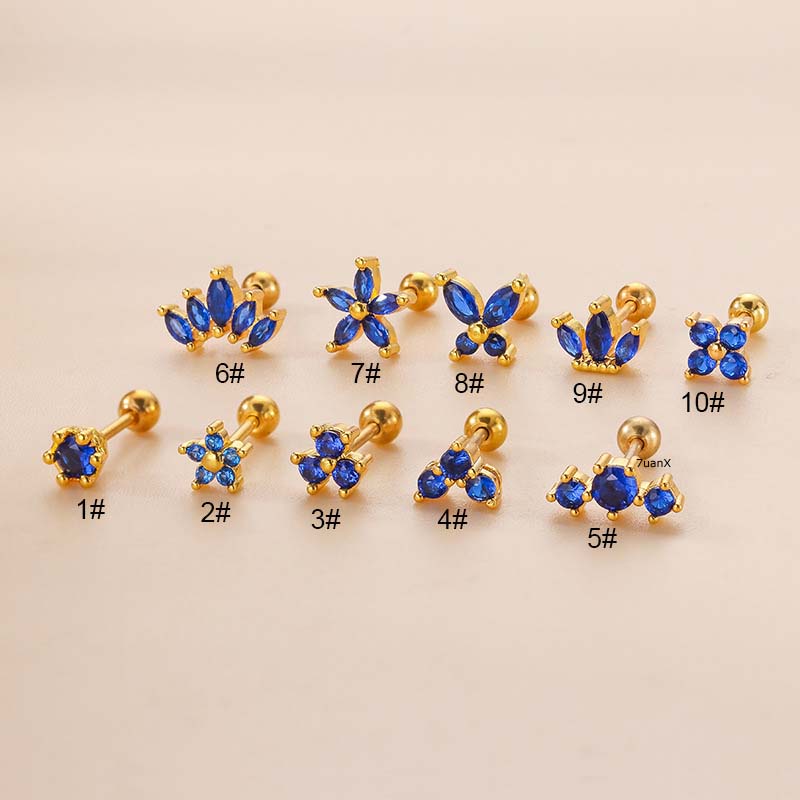 1 Piece Royal Blue Zircon Flower Crown Ear Bone Nail Double Head Screw ...