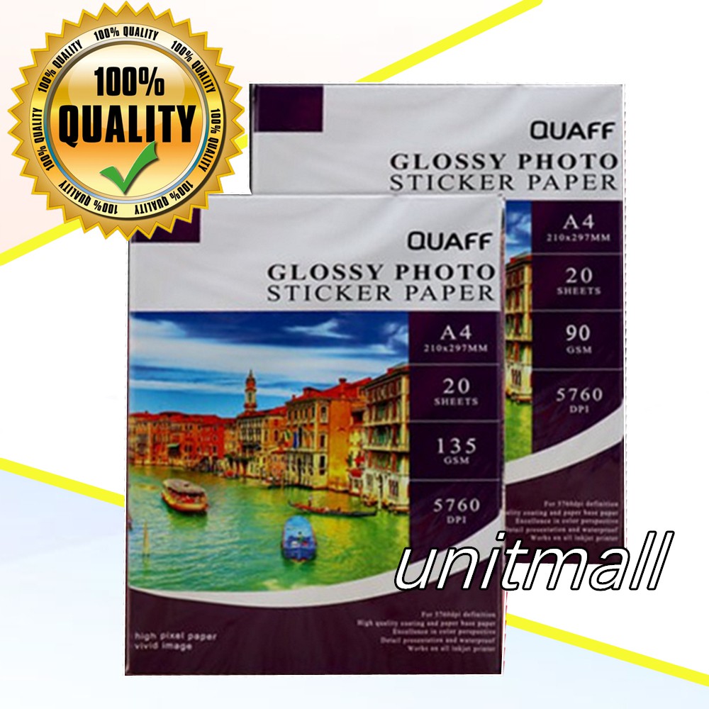 Quaff Glossy Photo Sticker Paper Papers - A4 Size 90gsm -135gsm 20 ...