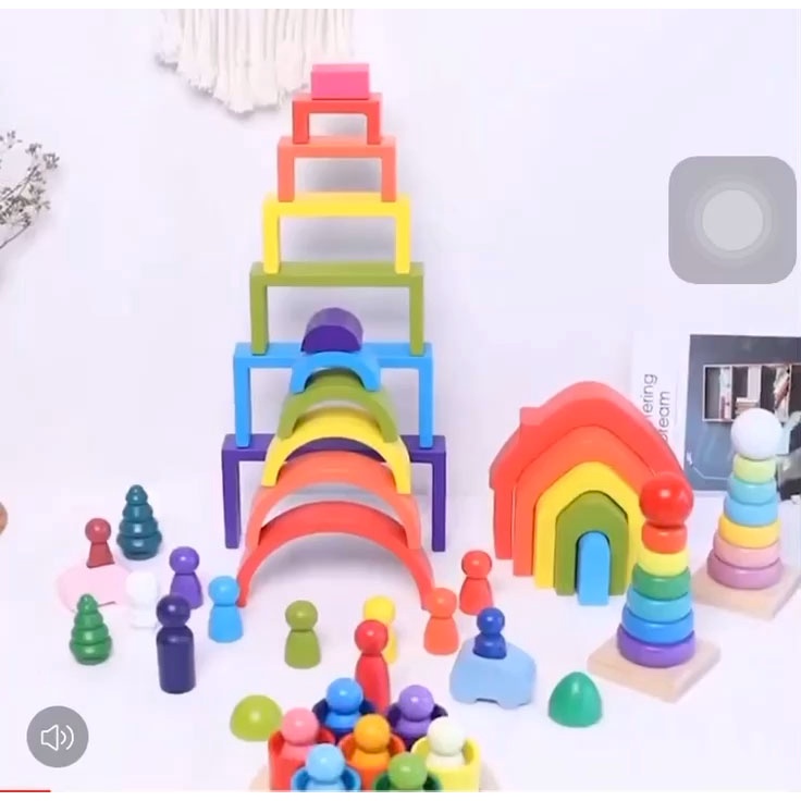 Wooden Rainbow Stacker Nesting House Blocks Stacking Game Preschool ...