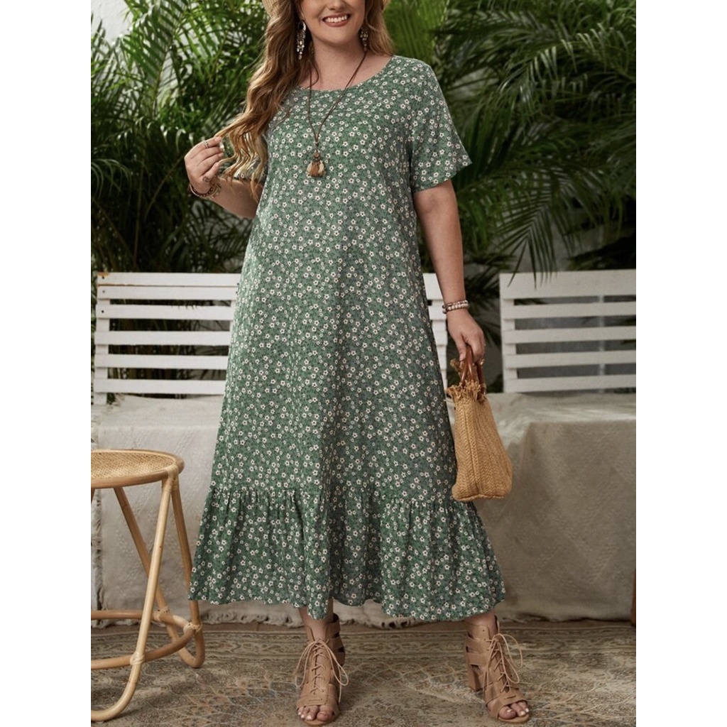 A2905 Uyua Ditsy Floral Ruffle Hem Plus Size Dress | Shopee Philippines