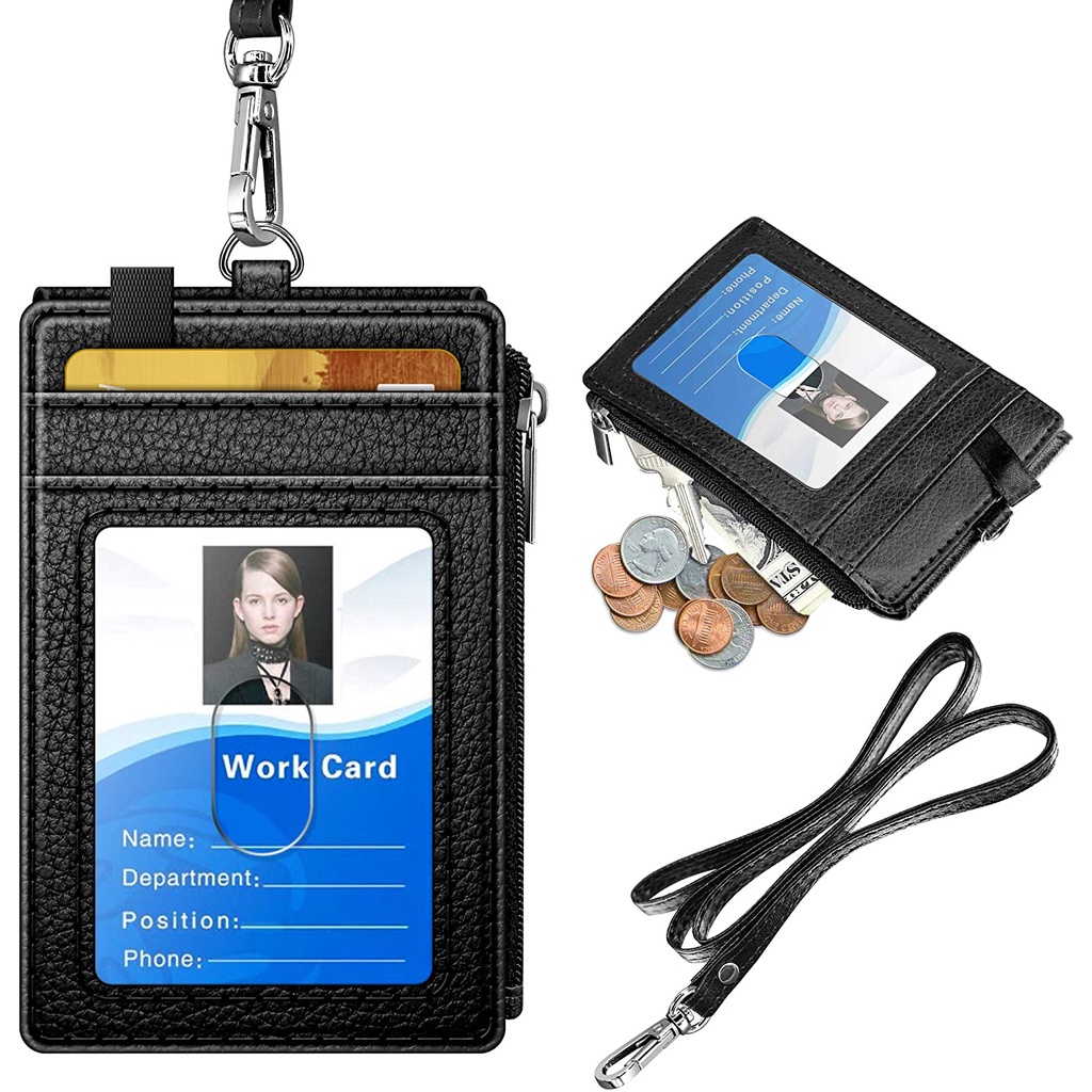 1Pc Vertical Double PU Leather ID Badge Holder with 1 Clear ID Window ...