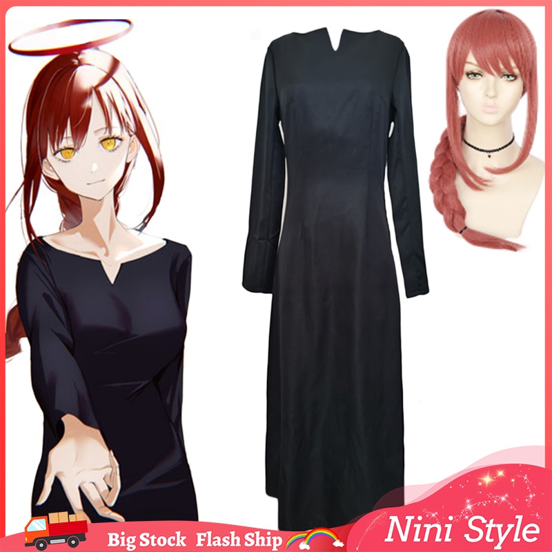 Anime Chainsaw Man Makima Cosplay Costume Wig Black Dress Long Sleeve ...