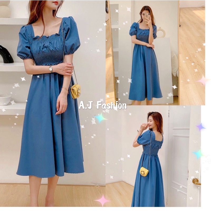 Korean Plain color blue smocked maxi dress | Shopee Philippines