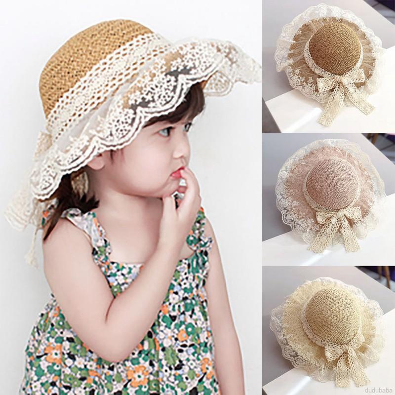 Summer Princess Children Girls Hats Flowers Lace Design Bowknot Wide ...
