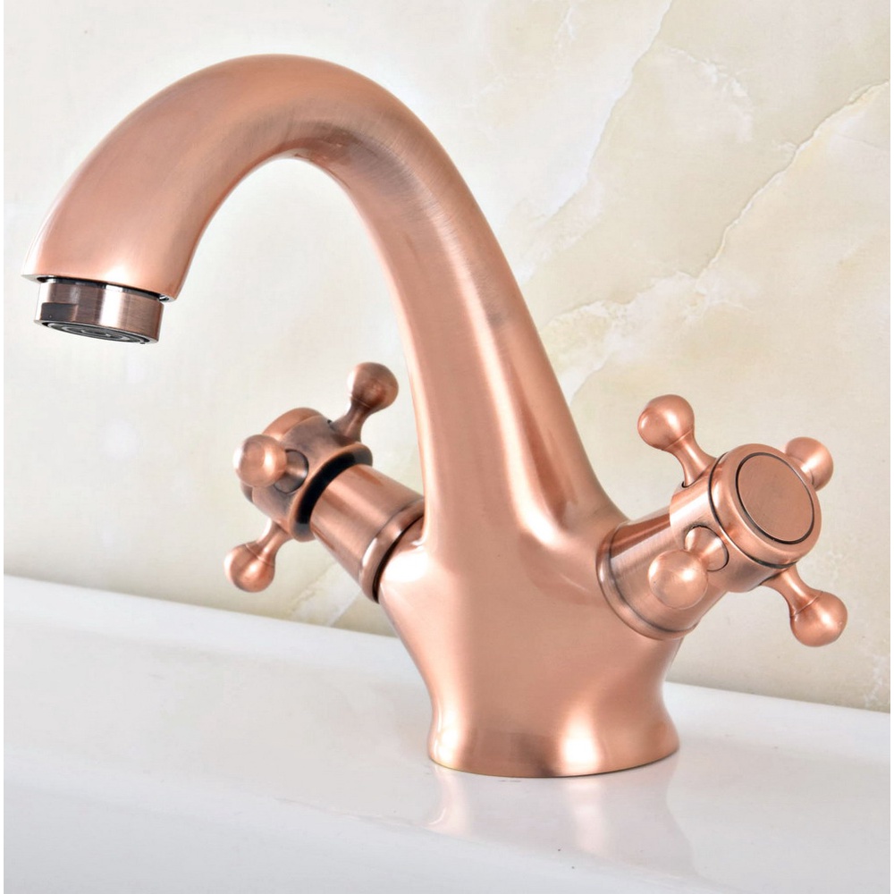 Antique Red Copper Wash Basin Faucet Double Cross Handle Bathroom Sink ...