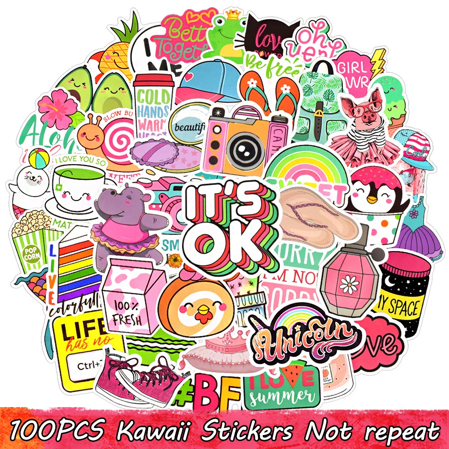 100 PCS Pink Stickers Packs Cartoon VSCO Anime Waterproof DIY Kids ...
