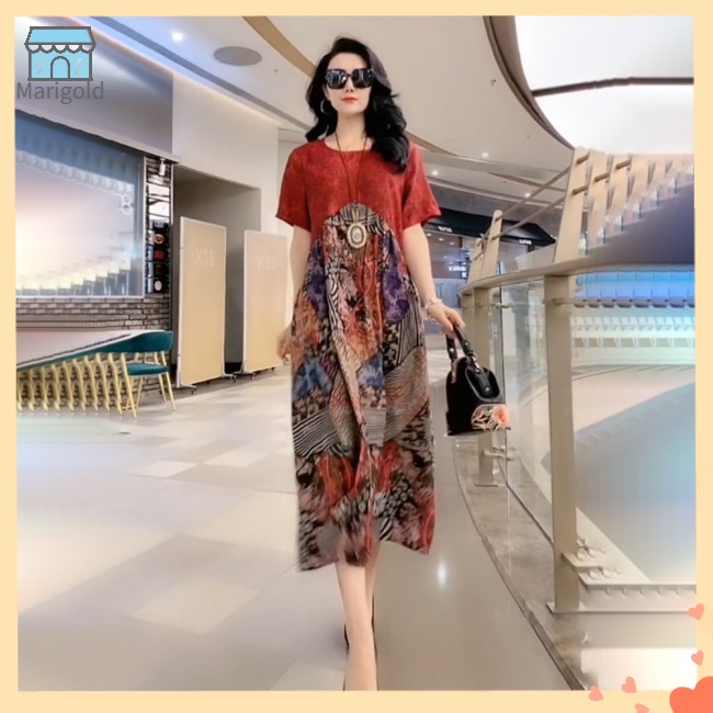 MG Women Retro Ethnic Style Printing Dress Large Size Loose Round Neck ...