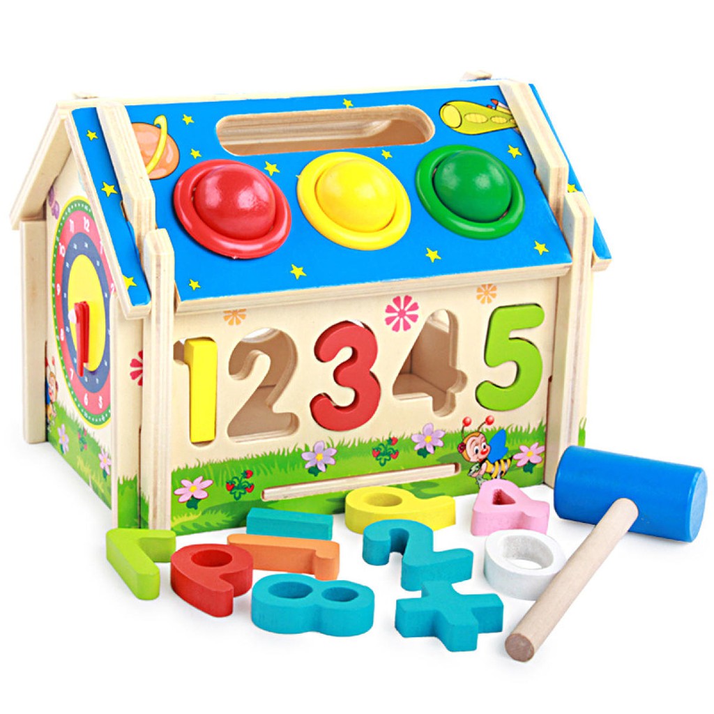 TFL Number Clock Wooden House Kids Learning Blocks Math Building ...