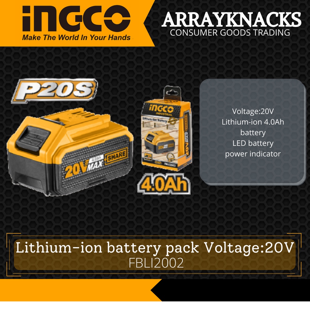 INGCO Lithium-ion battery pack (FBLI2002) CORDLESS TOOLS | Shopee ...