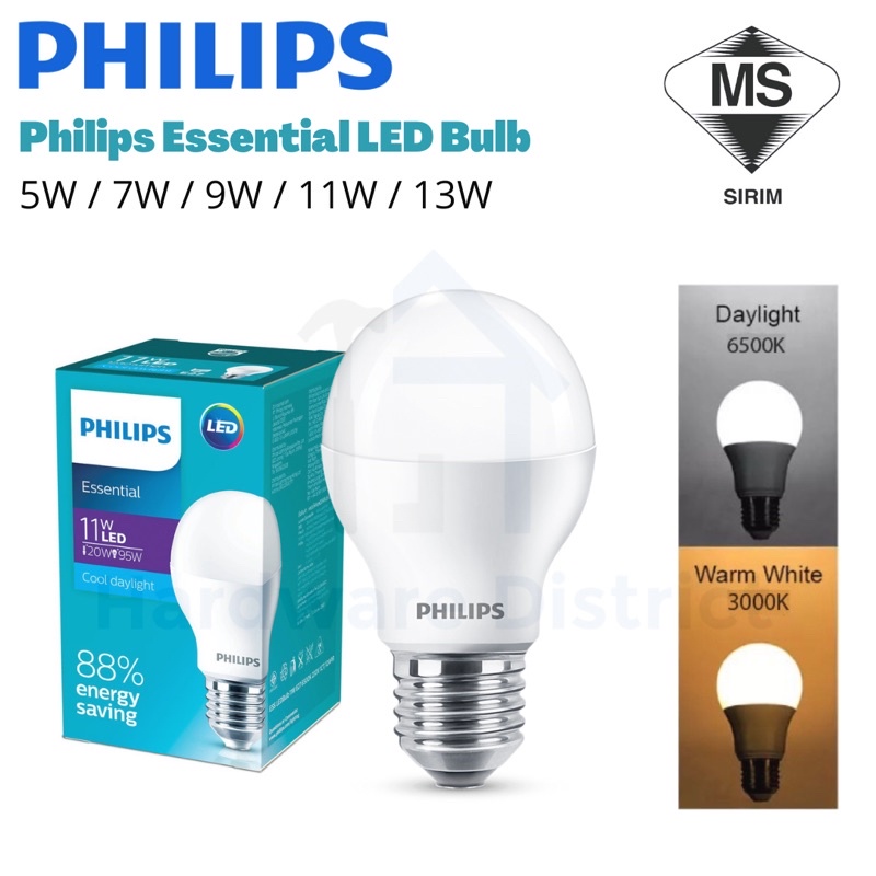 PHILIPS ESSENTIAL LED LIGHT BULB 5W/7W/9W/11W/13W E27 6500K DAYLIGHT / 3000K WARM WHITE | Shopee ...