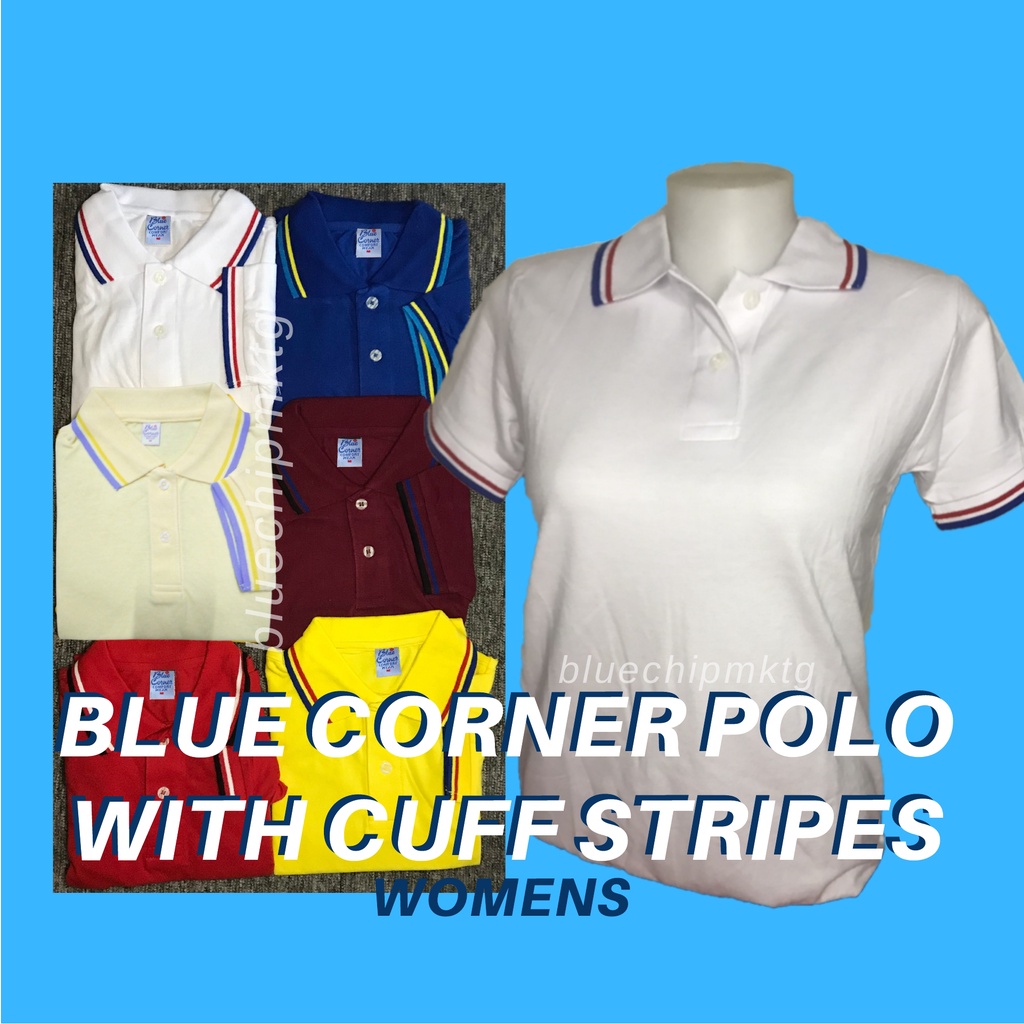 Women's Cotton Blue Corner Polo Shirt w/ Cuff Stripes (Style5) (White ...