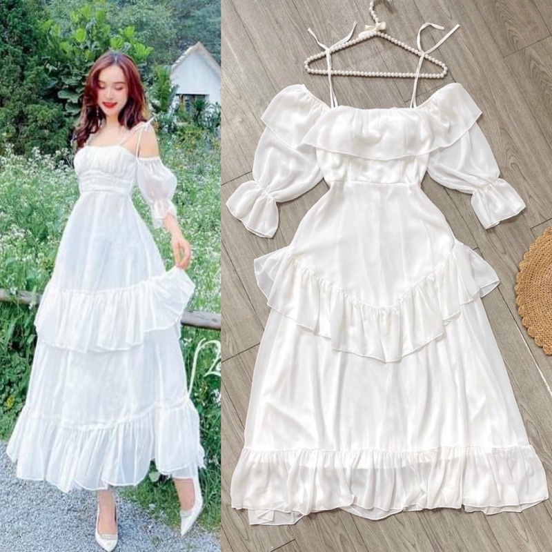 White chiffon Maxi with open/flat/off/off-the-shoulder foam, long ...