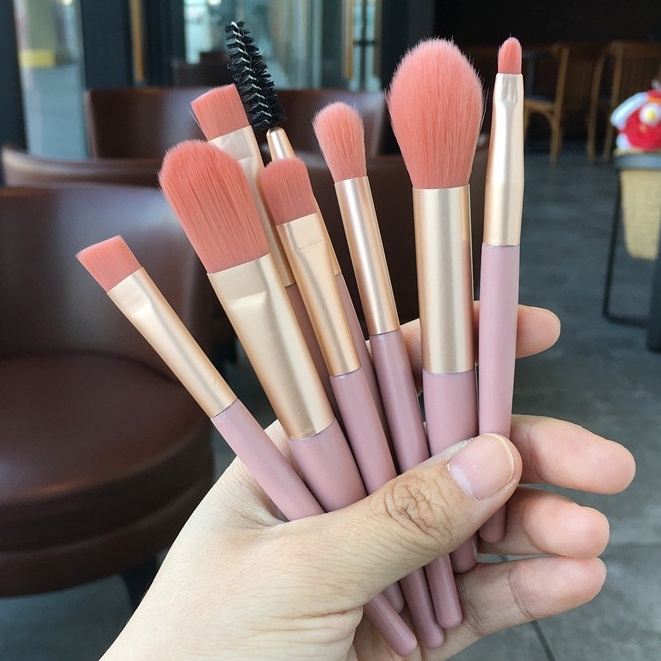 8 pcs Mini Pink Makeup Brush Set Portable Foundation Powder Blush ...