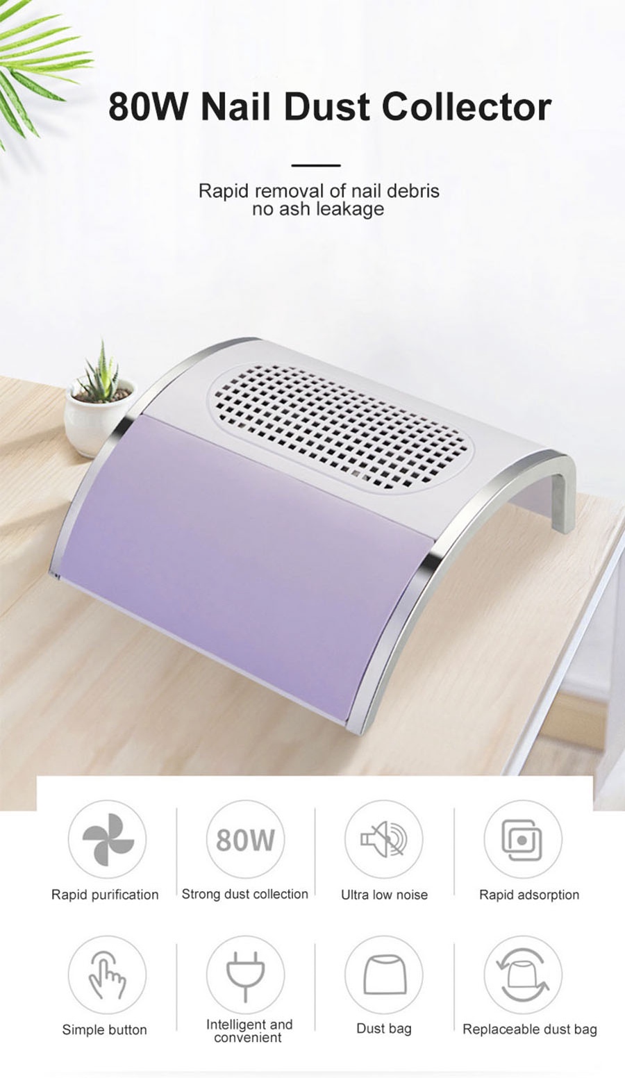 FZC Nail Vacuum Cleaner 80w High Power Dust Extractor For Nail Low ...