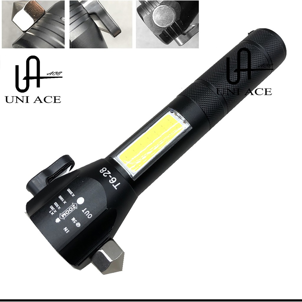 COB multi-function T6 extension zoom life-saving hammer flashlight led ...