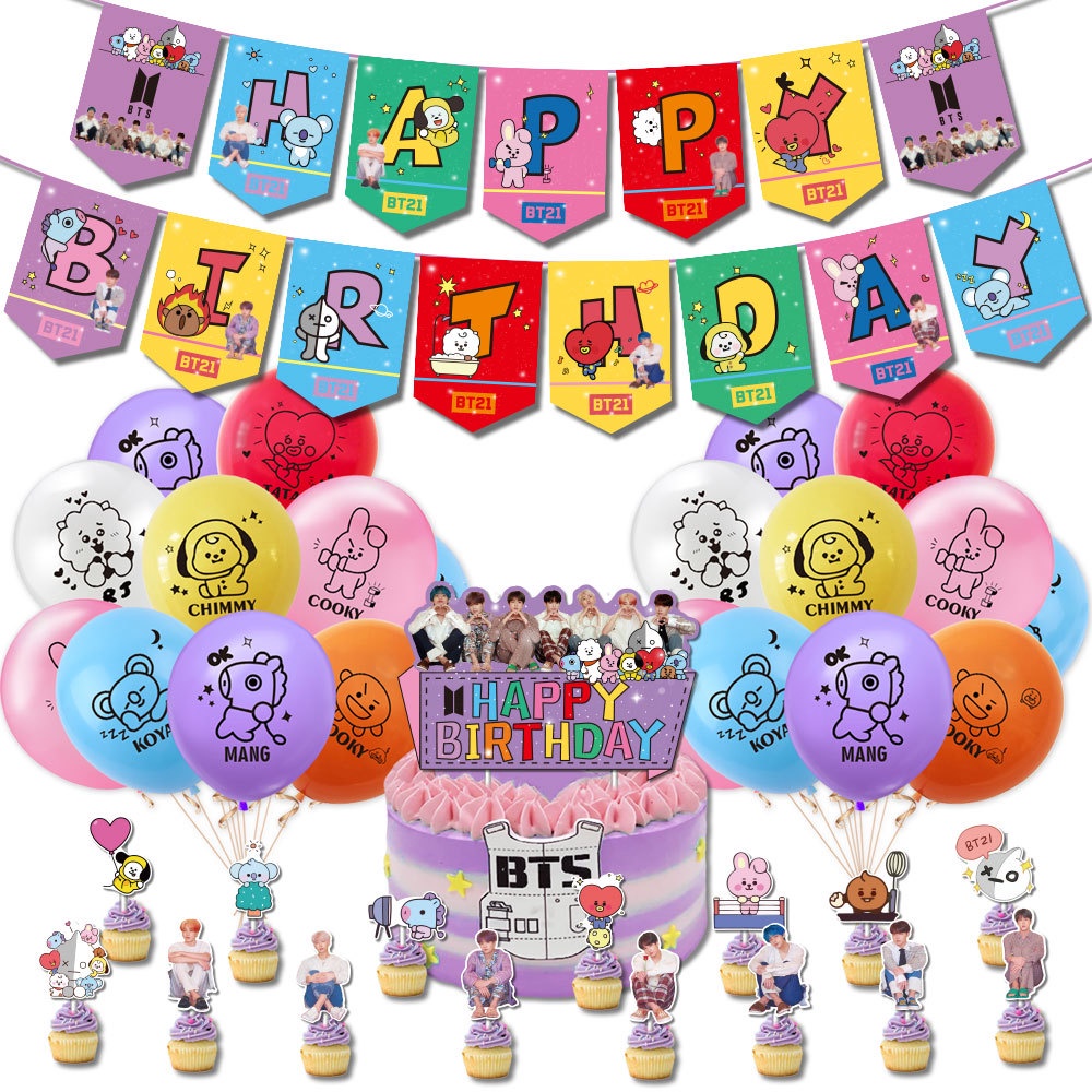 BTS Theme Party Happy Birthday Banner BTS Balloons Cake Topper BT21 ...