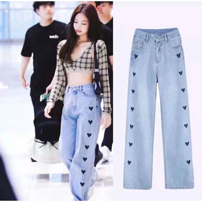 GK# Blackpink jennie heart love print High Waist Wide Leg Jeans Korean ...