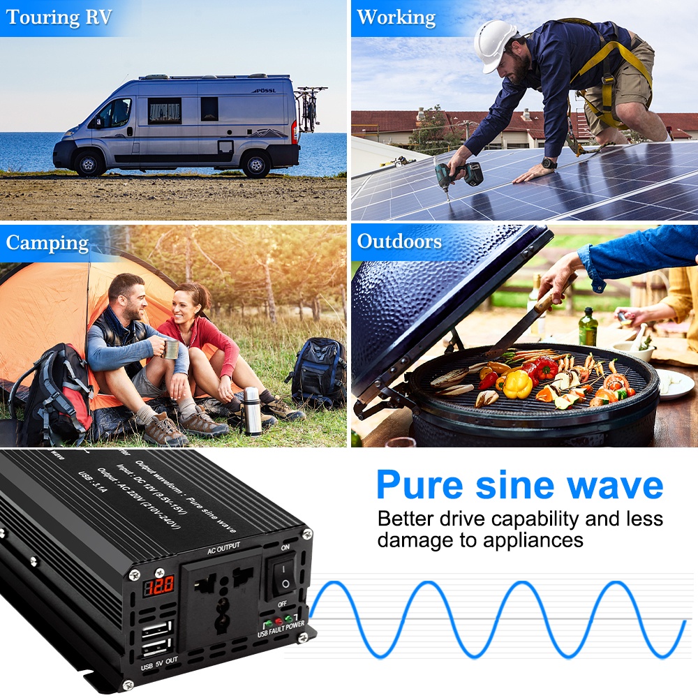 Auto Power Inverter DC 12V to AC 220V Pure Sine Wave 1500W/2200W LED ...