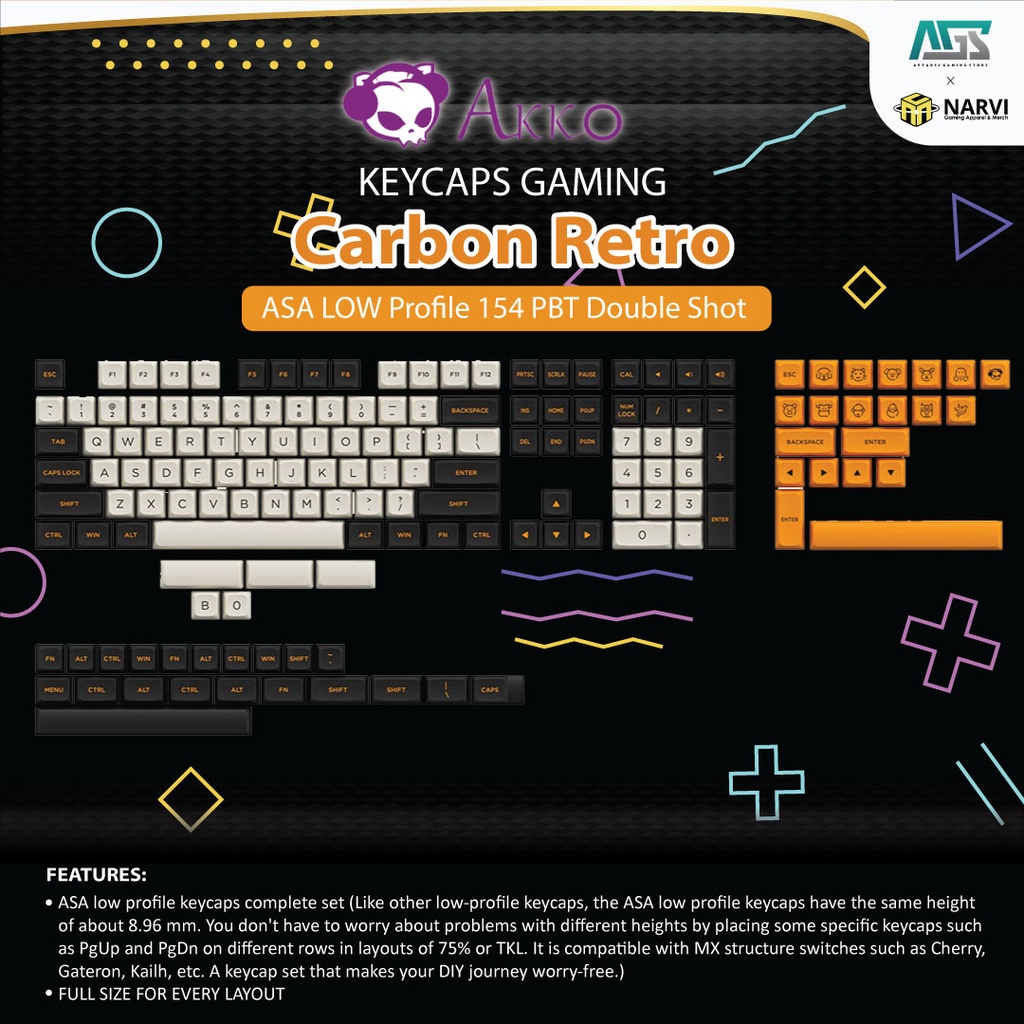 Akko Carbon Retro ASA LOW Profile 154 PBT Double Shot - Gaming Keycaps ...