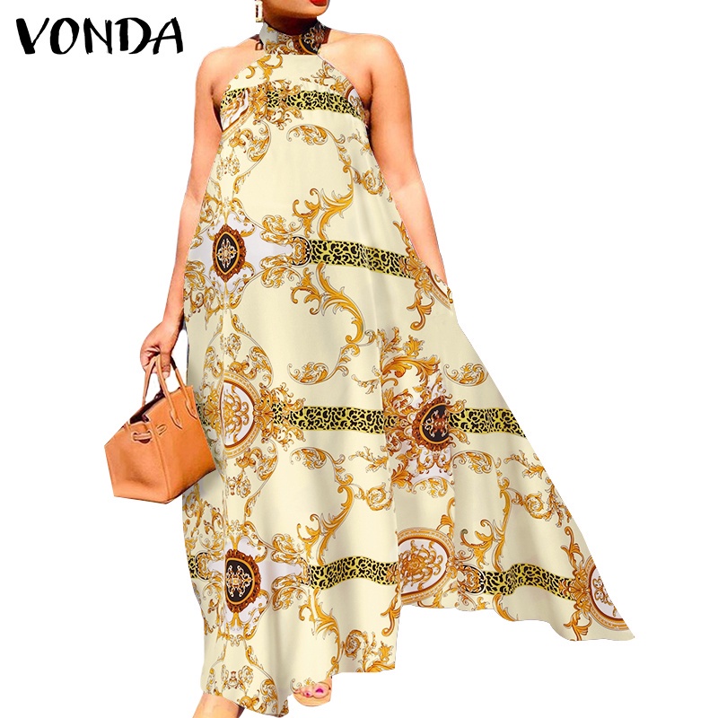 Vonda Women Loose Sleeveless Vintage Printed Off Shoulder Halter Long ...