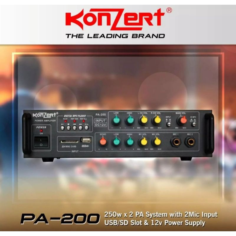 KONZERT PA-200 POWERED AMPLEFIER 250W x 2 PA SYSTEM WITH USB/SD SLOT ...