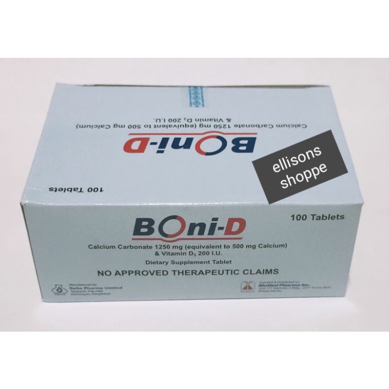 Boni-D Calcium Carbonate 1250mg+Vitamin D3 200IU 100 Tablets | Shopee ...