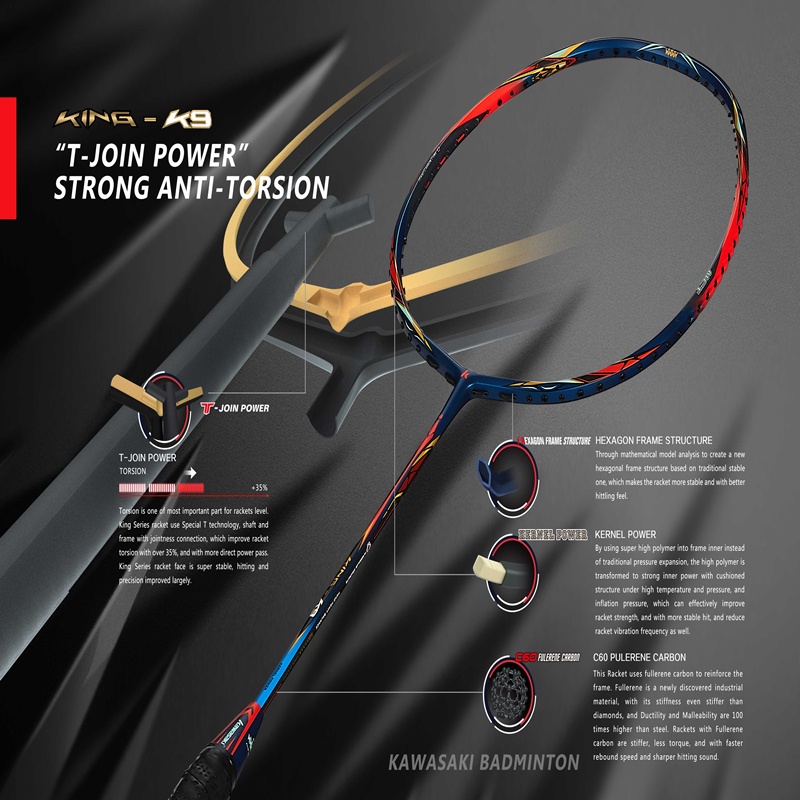 Kawasaki Professional Badminton Racket KING K9 4U 18-32LBS Full Carbon ...