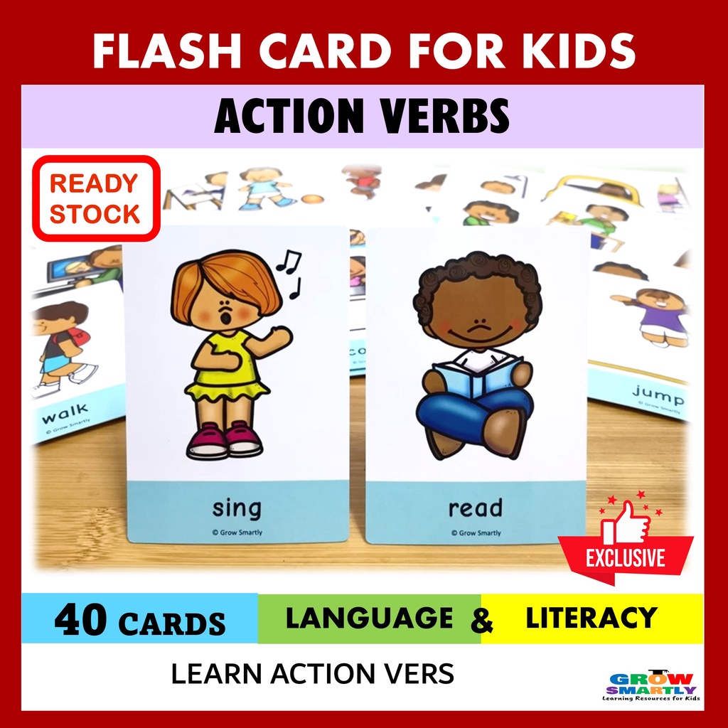 40 pcs Action Verbs English Flash Card For Kids Educational Speech ...