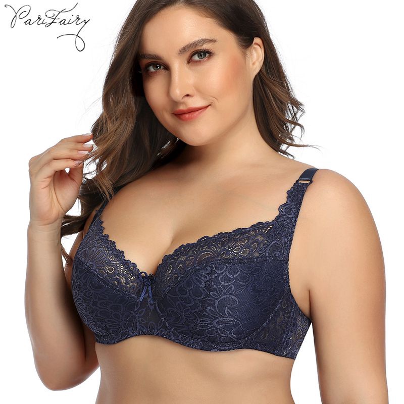 Parifairy Womens Floral Lace Bra With Wire No Foam Large Cup Plus Size