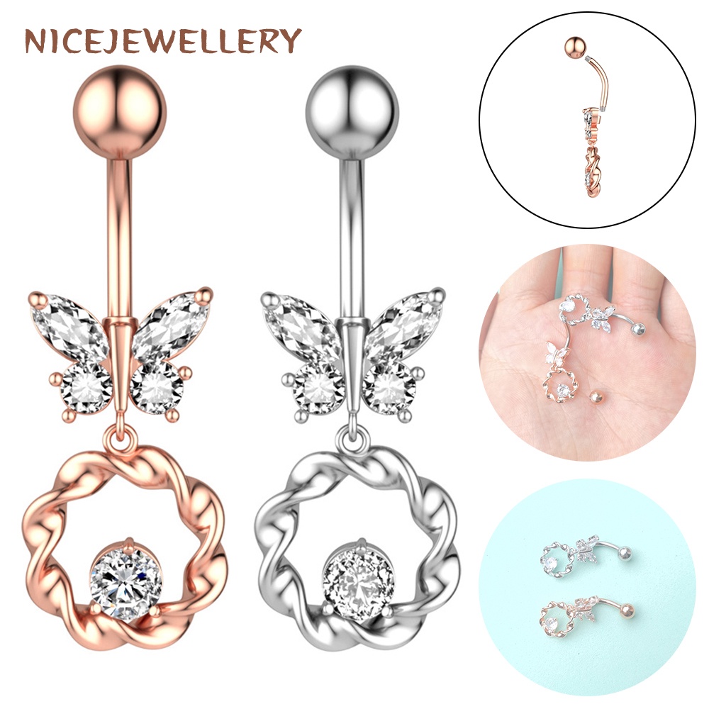 Rhinestone Dangle Navel Rings Silver Butterfly Bellybutton Piercings ...
