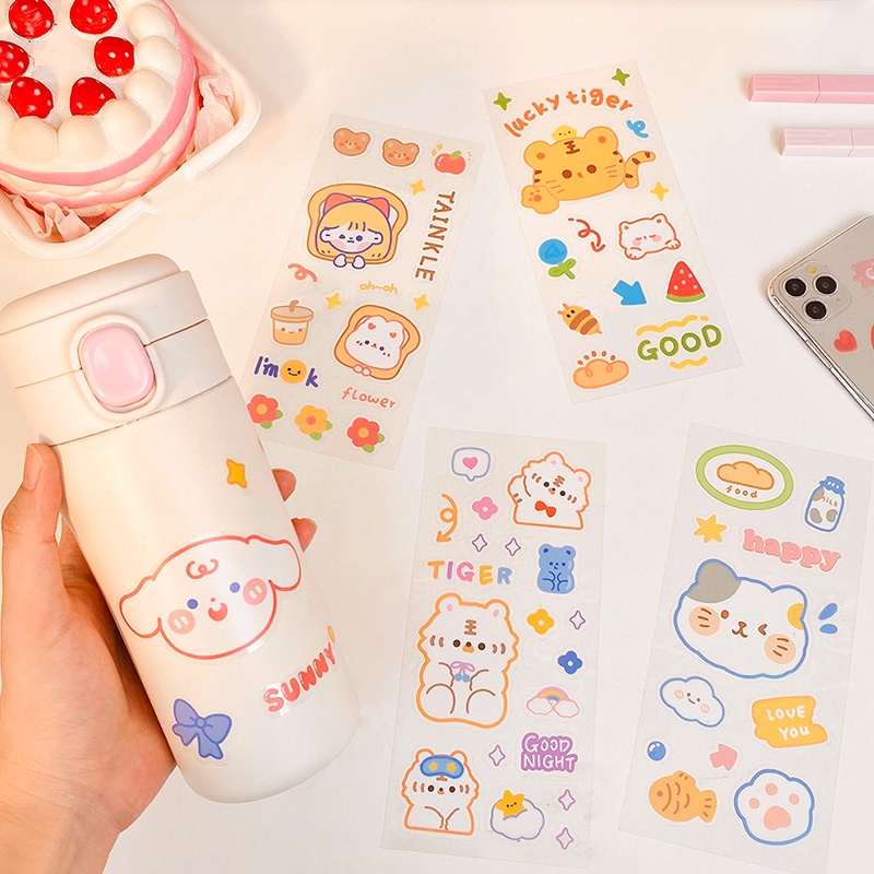 5 Sheets Cartoon Transparent Waterproof PET Stickers Student Lovely ...