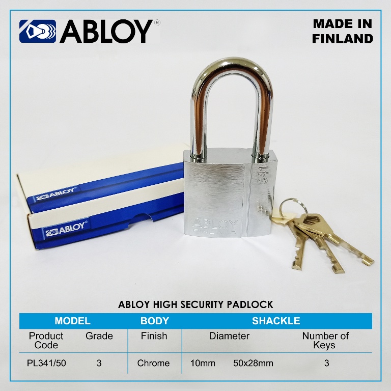 Abloy Padlock PL 341C/50 Original Made In Finland 57mm Chrome Plated ...