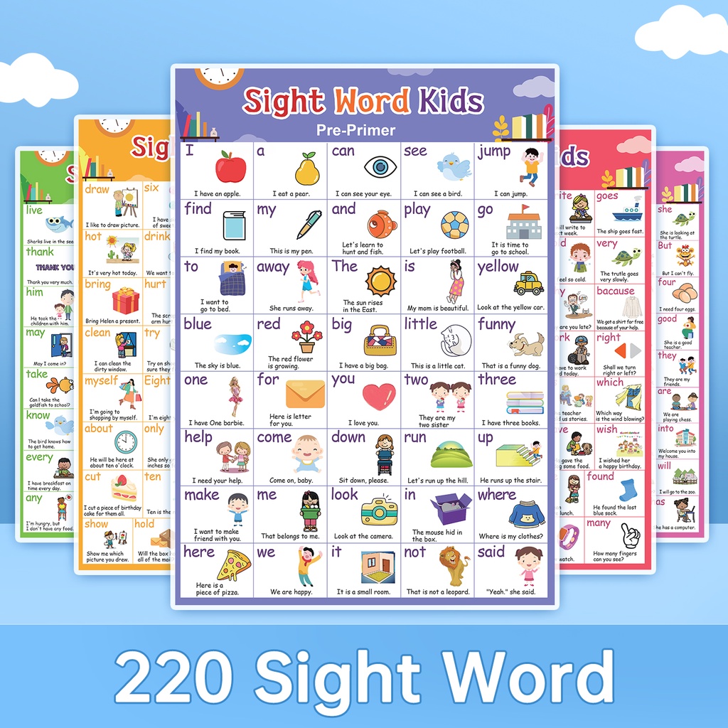 &Pre K 1st 2nd 3rd Grade Kids Learning 220 English Sight Words Poster ...