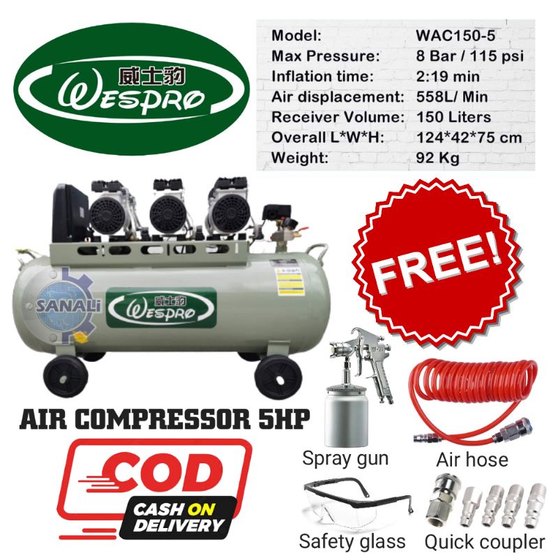 WESPRO 5HP Air Compressor Oil less & Silent type W/ FREEBIES | Shopee ...