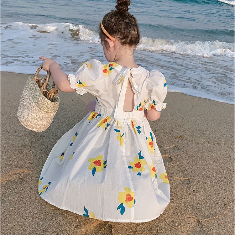 Floral Dress kids Girls Cotton summer Sweet Puff Sleeve Beach vacation ...