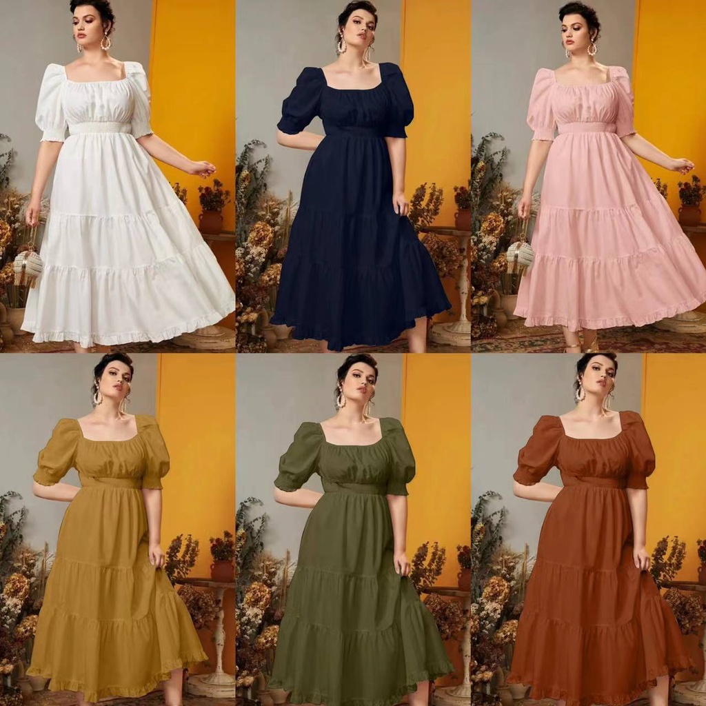 Simplee Square Neck Shirred Waist & Sleeve Flounce Plus Size Dress ...