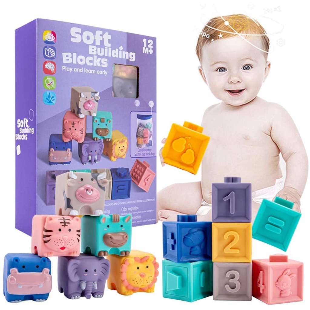 Baby 3D Soft Toys Sensory Silicone Educational Building Blocks Bath ...