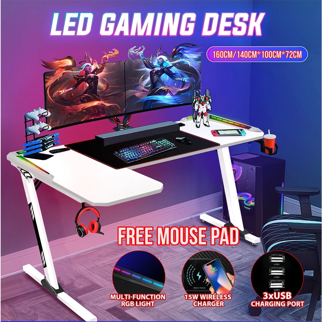 L-SHAPE White Esports Gaming Desk Computer Office Table Desktop RGB LED ...