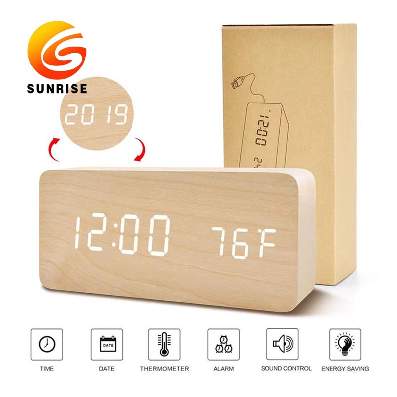 Wooden LED Alarm Clock with Temperature Sounds Control Electronic ...