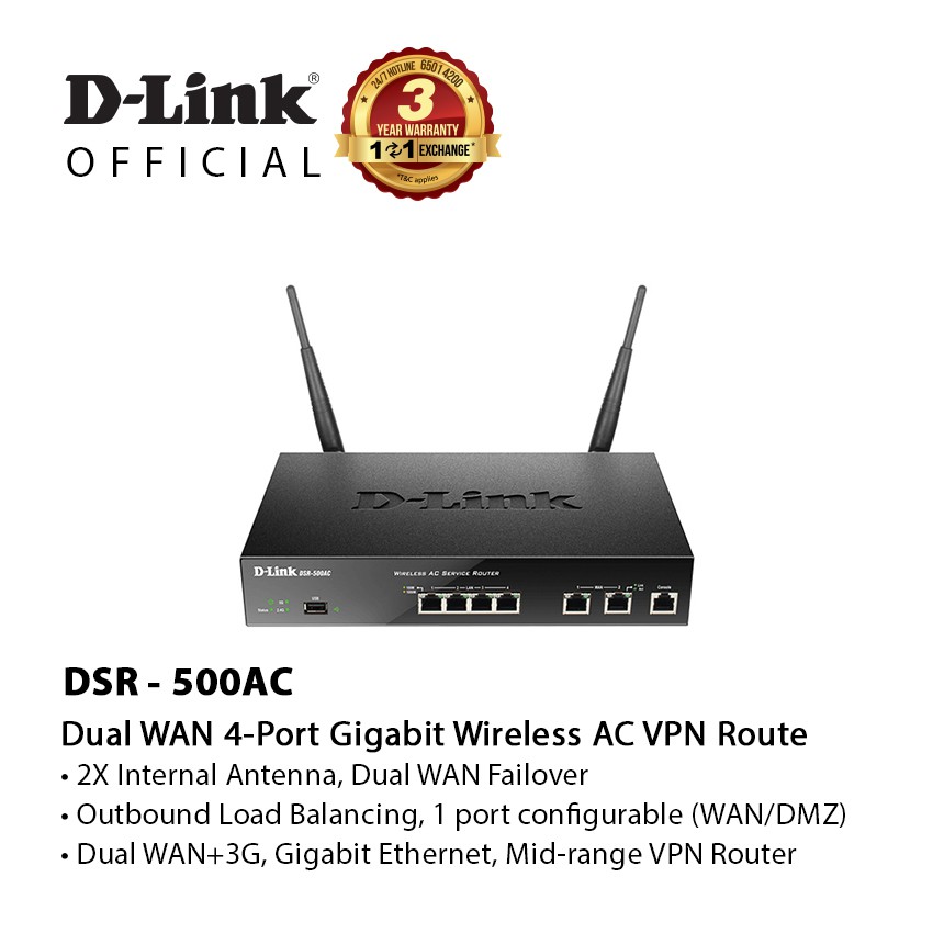 D-Link DSR-500AC Dual WAN 4-Port Gigabit Wireless AC VPN Router ...